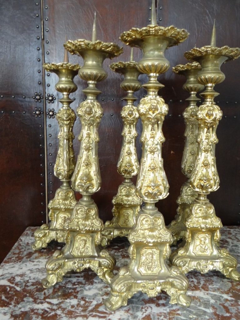 Gilded pressed metal Neo – Gothic candlesticks c.1880 – European Antiques