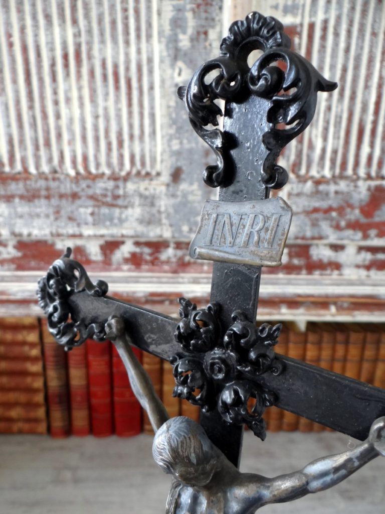 Large mid century metal crucifix with bronze patinated figure of Christ ...