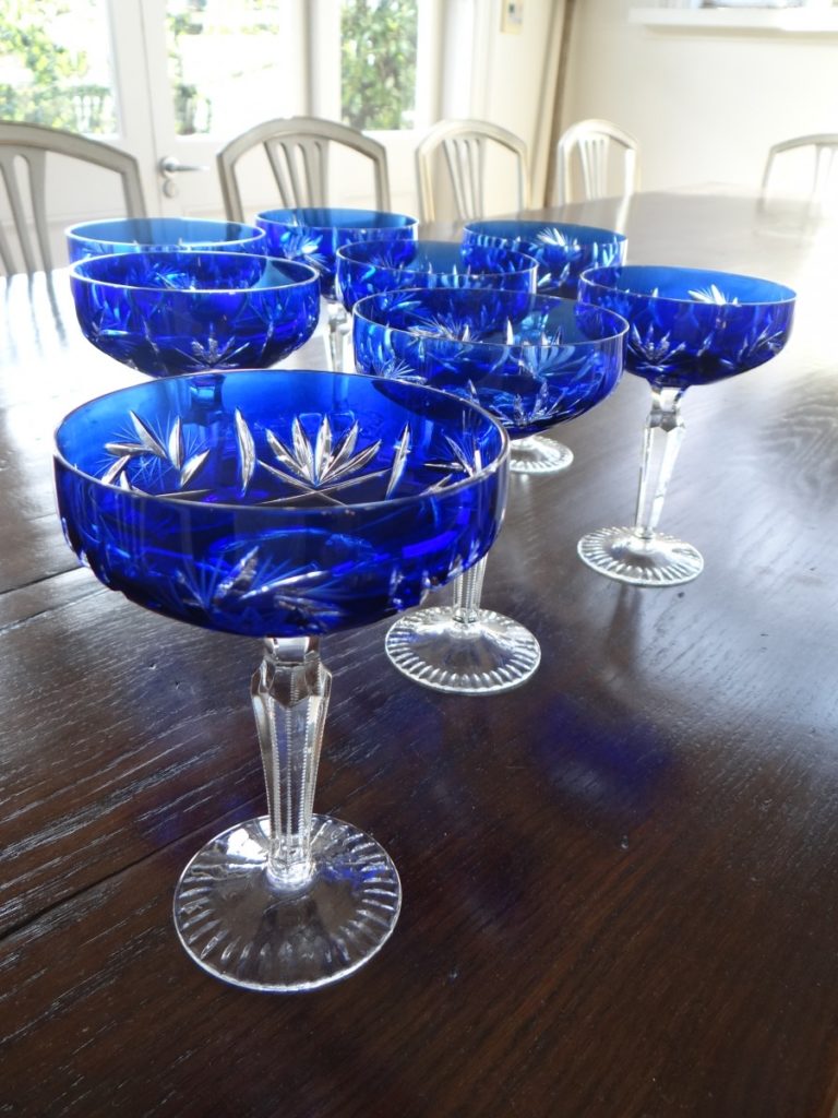 Set of eight cobalt blue crystal open champagne glasses – European Antiques