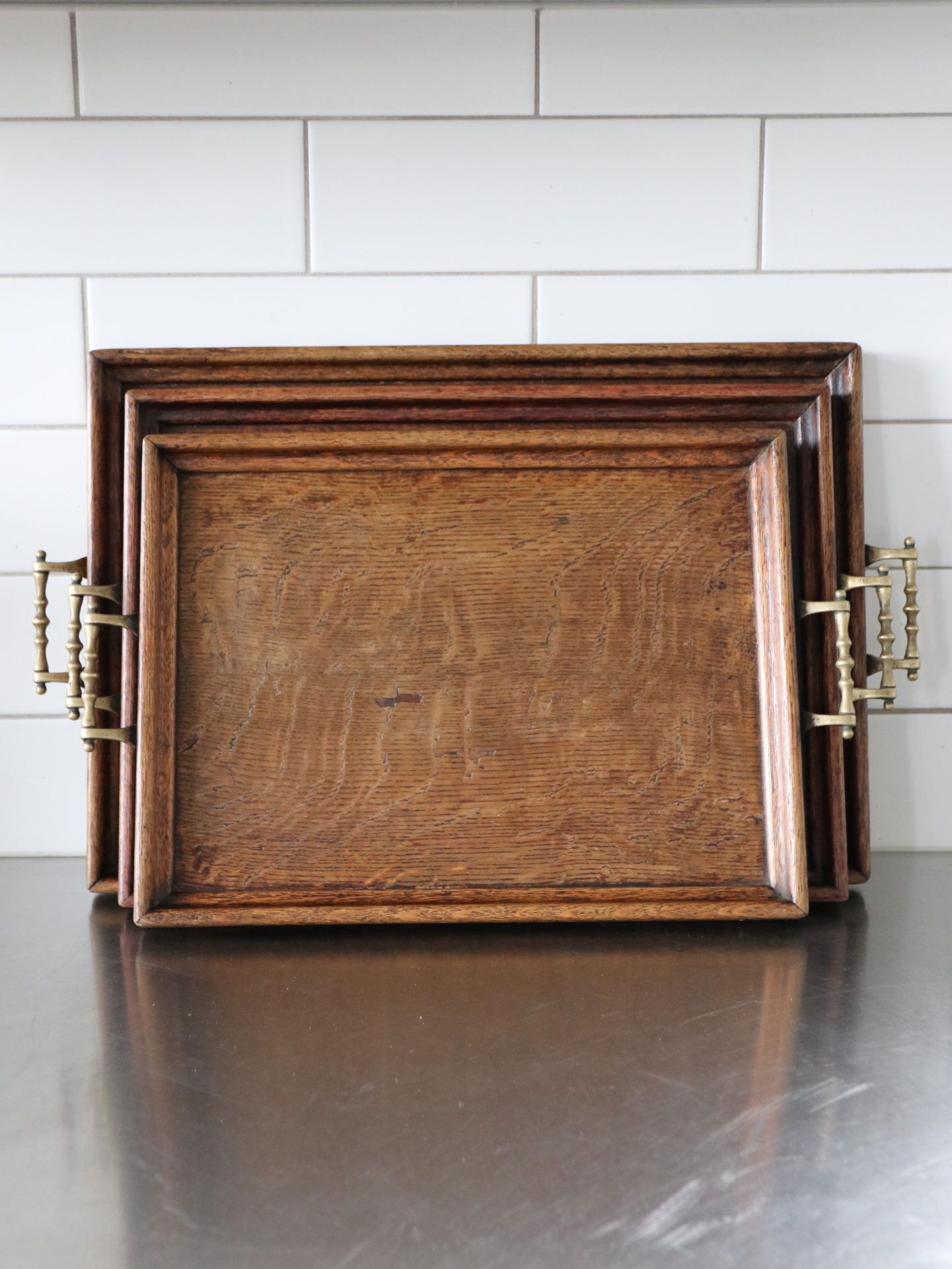 Antique Oak stacking Butler Trays with brass handles – European Antiques